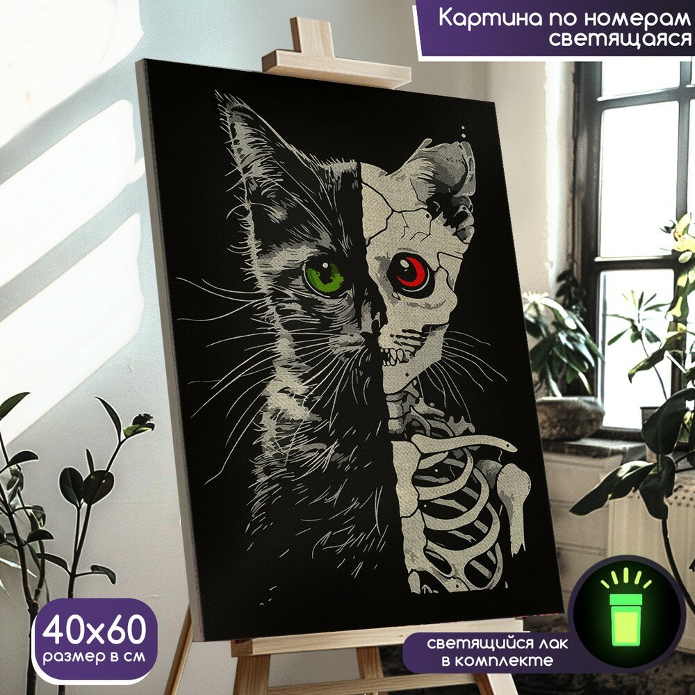 Картина по номерам со светящейся краской Кот Шрёдингера (котик, скелет) - 1111 В 60x40