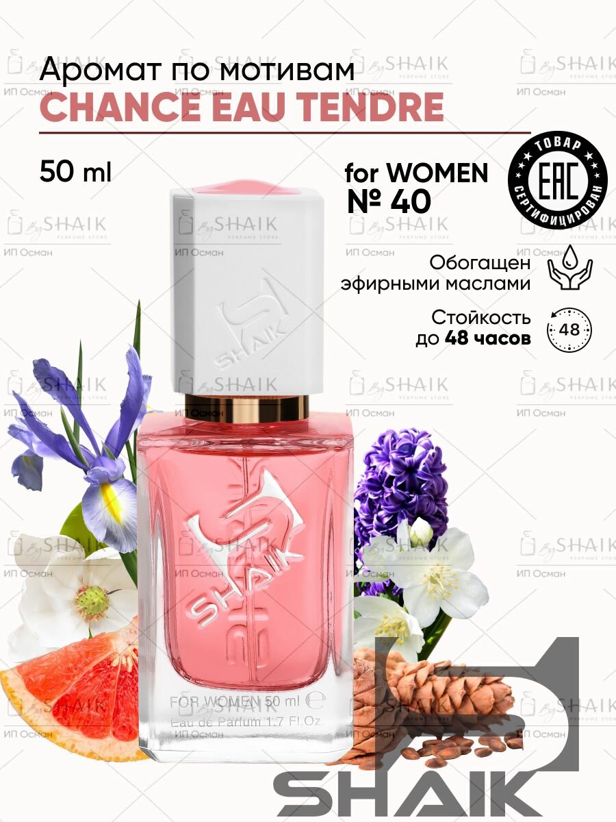 Парфюмерная вода женская SHAIK № 40 TENDRE масляные духи женские туалетная вода женская тендер 50 мл