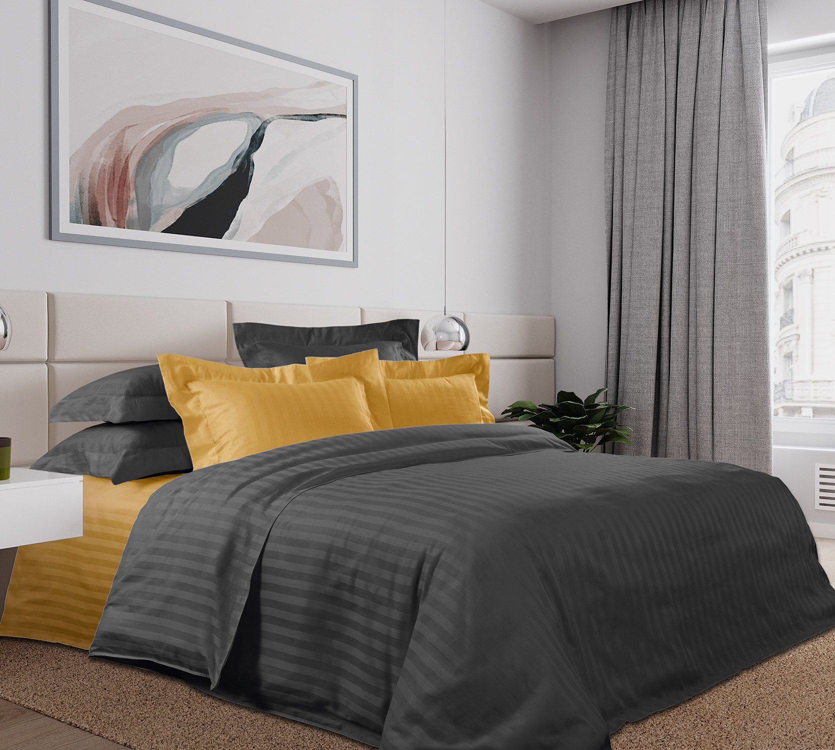 Постельное белье Графит, страйп-сатин, 2-спальное