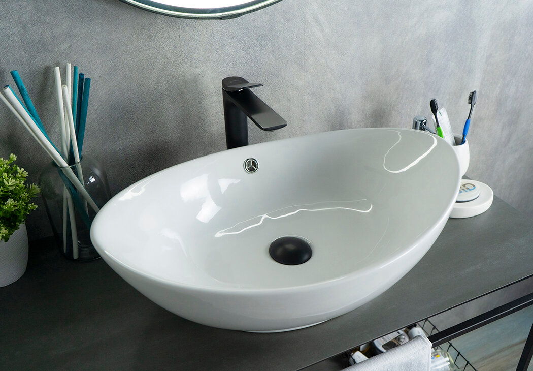 (60х37х19см) Комплект 3 предмета: Керамическая накладная раковина для ванной Gid N9019 с сифоном А-3202 и донным клапаном хром H6716