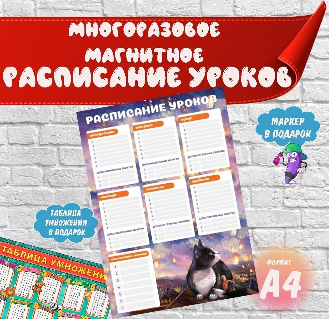 Расписание уроков магнитный с маркером для школьника, А4 "Ништяк"