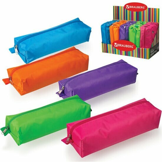 Пенал Brauberg косметичка "Радуга", ассорти 5 цветов, 20х6х4 см, дисплей
