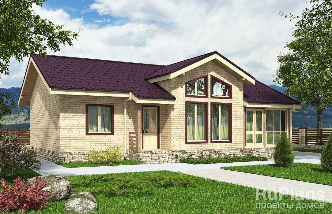 Одноэтажный жилой дом с террасой и верандой (105 м2, 15м x 10м) Rg5687