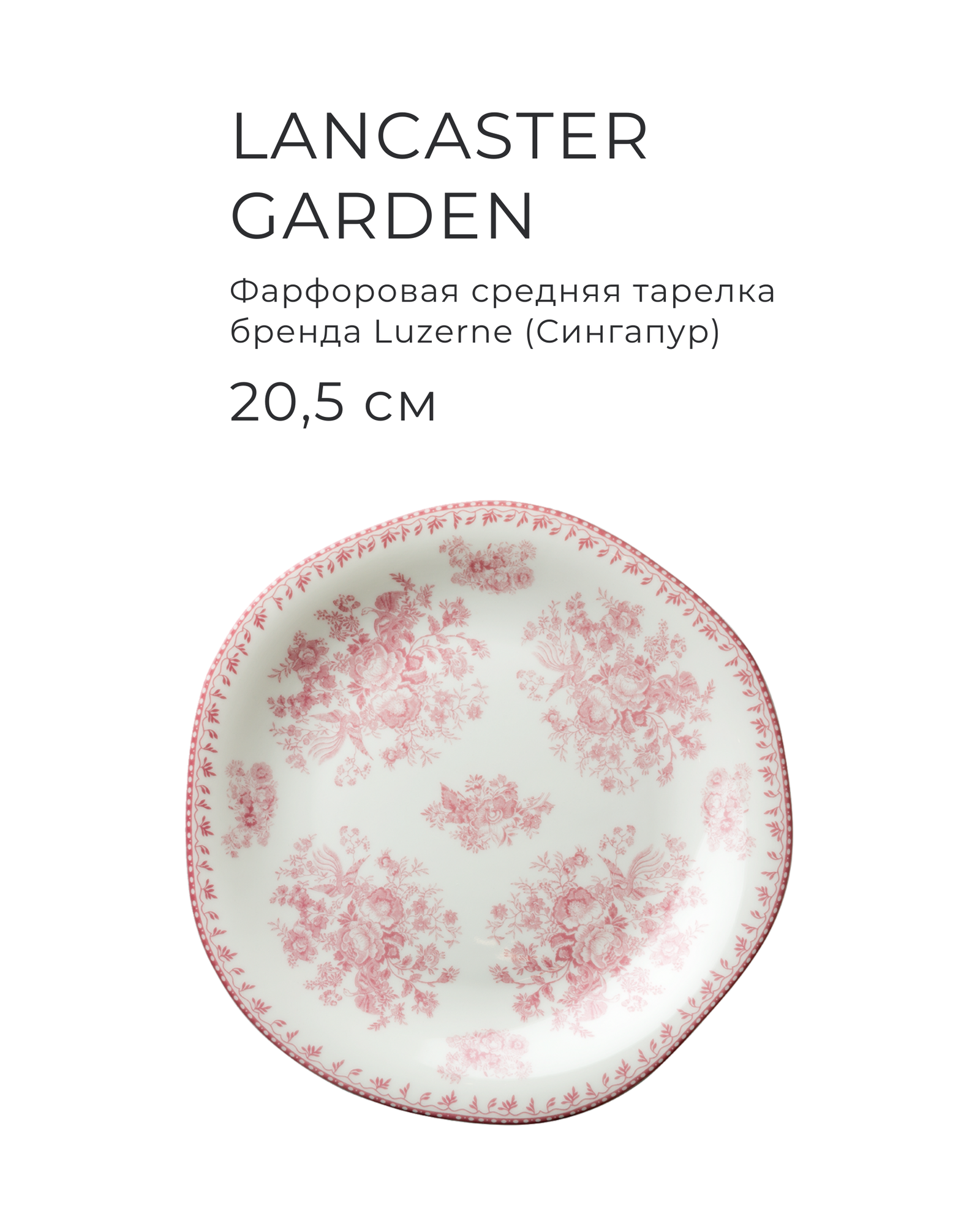 Фарфоровая тарелка 20,5 см, LUZERNE, серия Lancaster Garden, цвет розовый