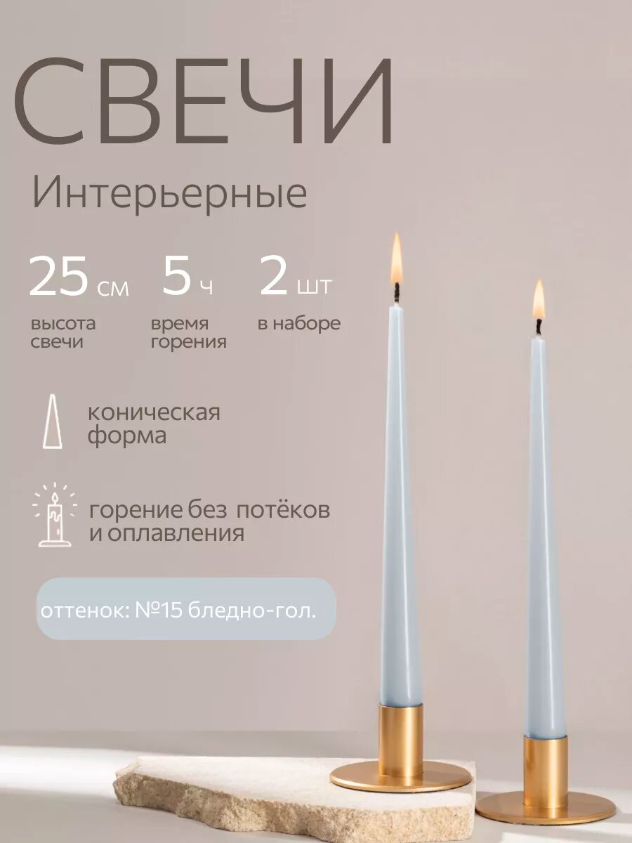 Свечи конические Alde восковые длинные интерьерные набор 2 шт 25 см бледно-голубые