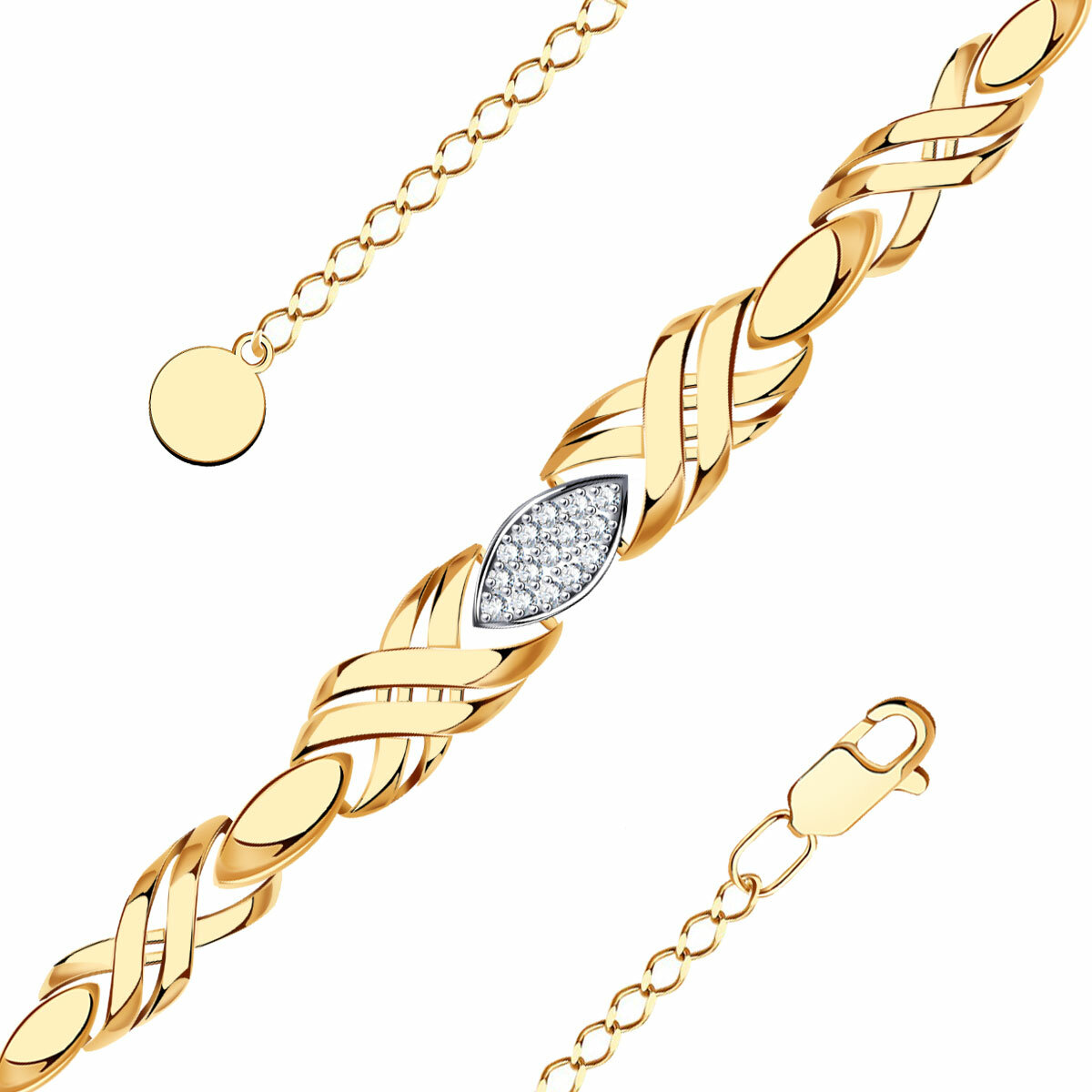 Браслет, красное золото, 585 проба, фианит