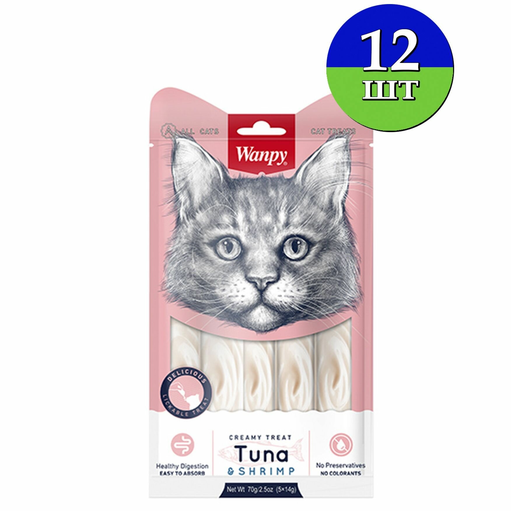 Лакомство для кошек Wanpy Нежное пюре из тунца и креветок, 840 гр (70 гр х 12 шт)