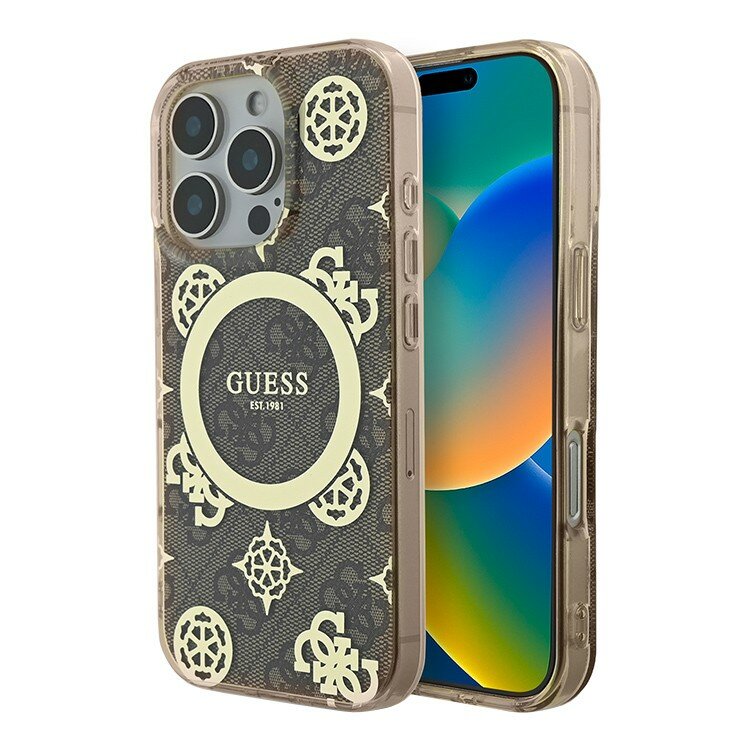 Guess чехол для iPhone 16 Pro Max, PC/TPU 4G Peony коричневый (MagSafe)