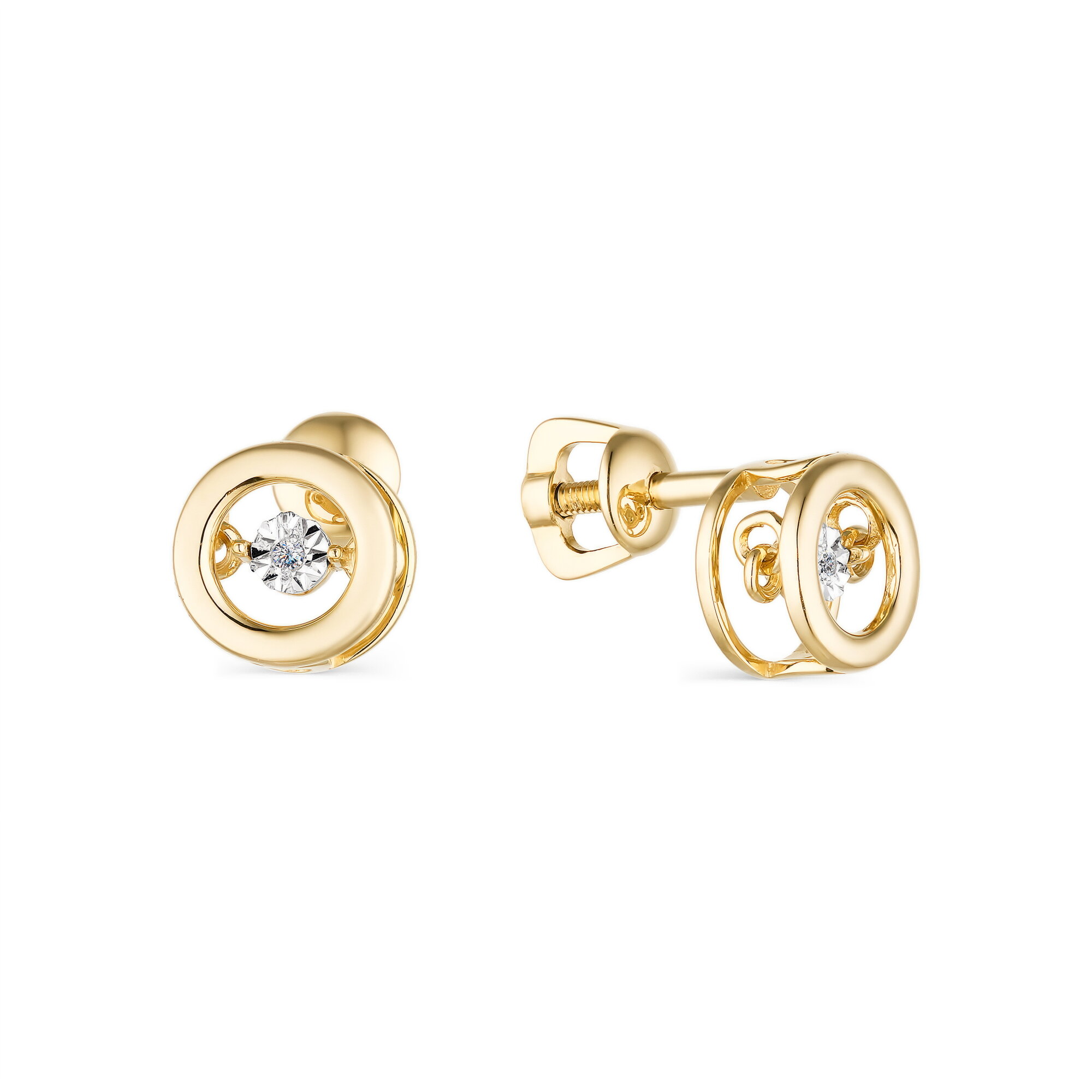 Серьги пусеты, желтое золото, 585 проба, бриллиант