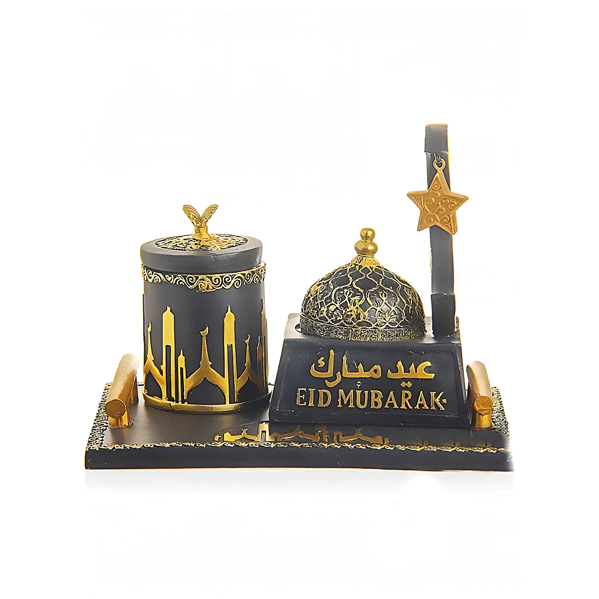 Курильница (Бахурница) для благовоний на подносе "Eid Mubarak" , черная
