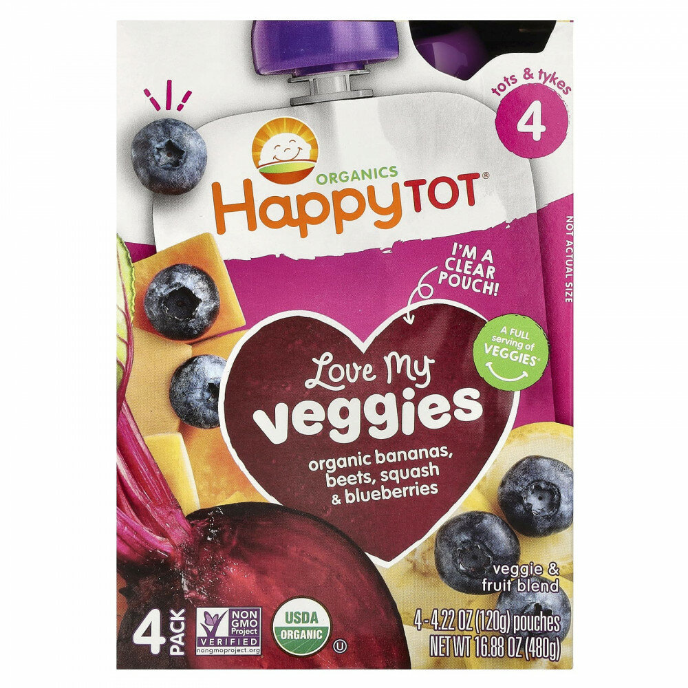 Happy Family Organics, Happy Tot®, Love My Veggies, этап 4, органические бананы, свекла, тыква и голубика, 4 пакетика по 120 г (4,22 унции)