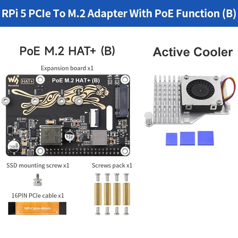 PoE M.2 HAT+ (B) для Raspberry Pi 5 с кулером