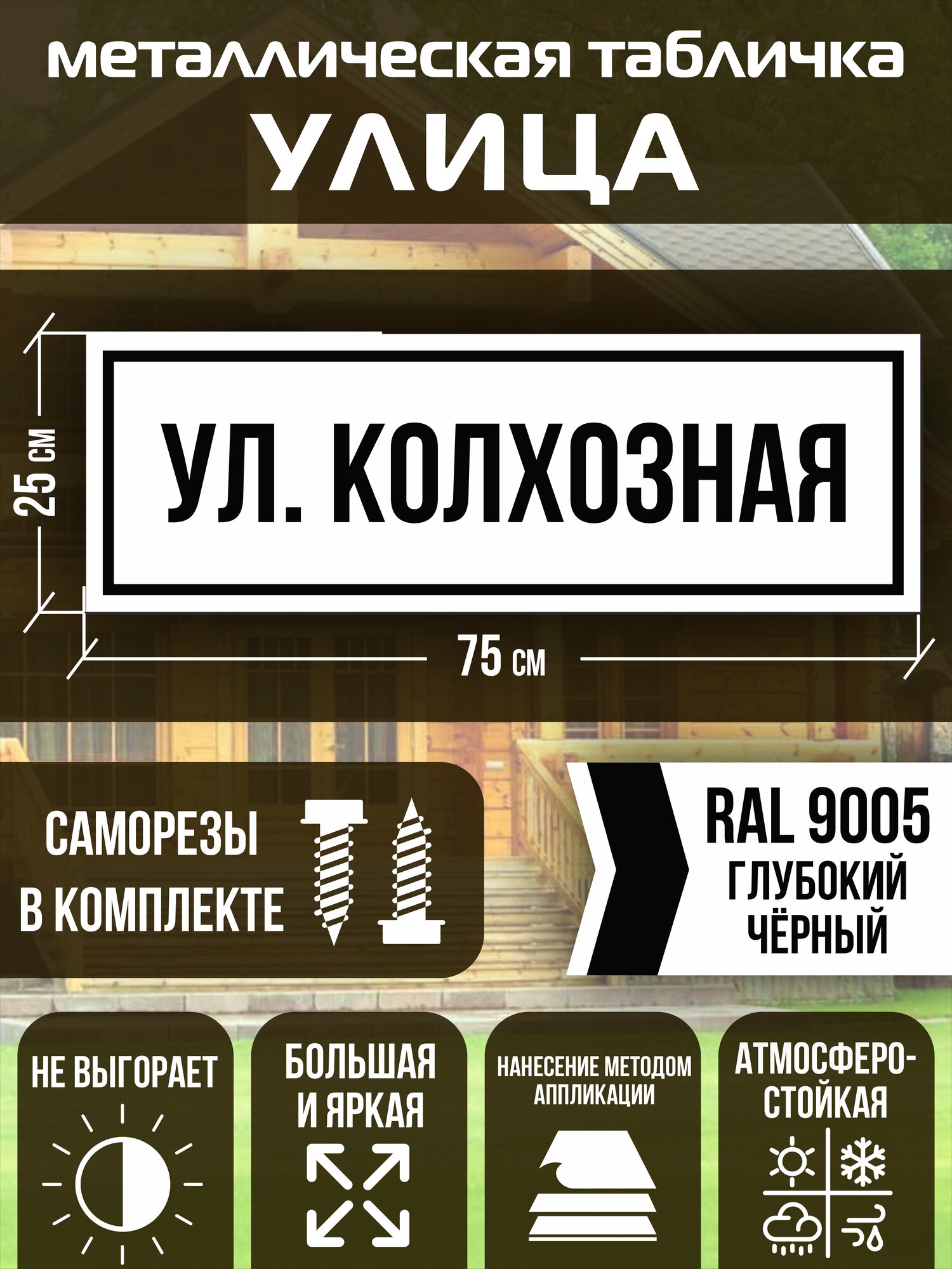 Адресная табличка на дом улица Колхозная RAL 9005 черная