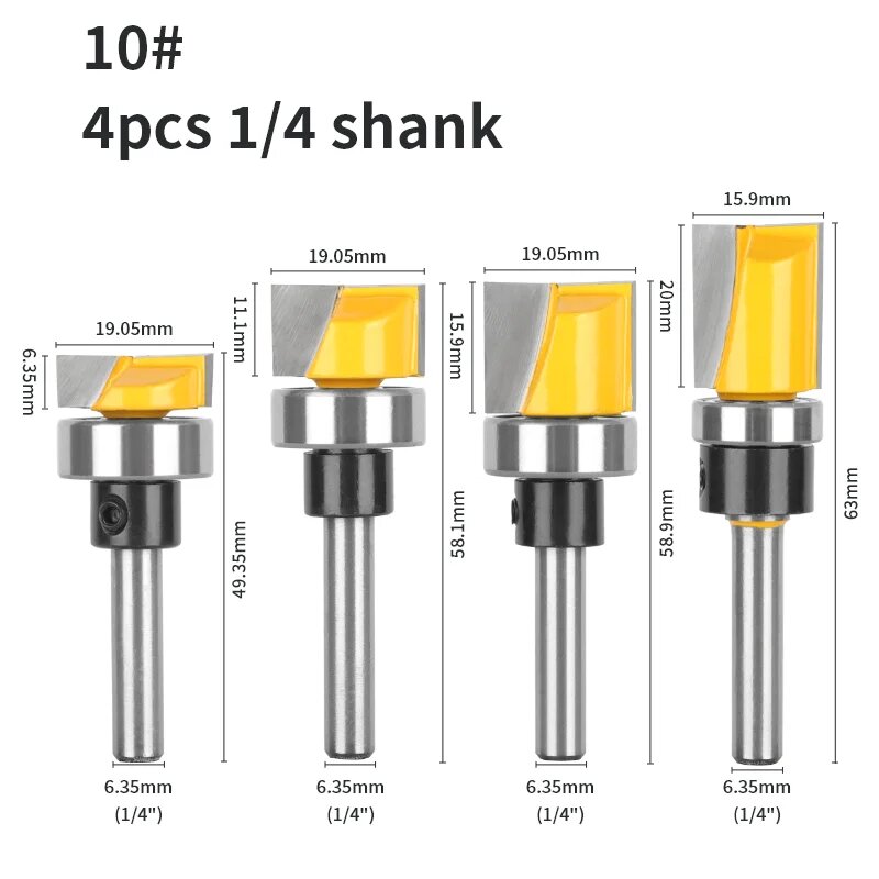 Чистящая нижняя фреза 6 мм 6,35 мм 8 мм, фрезы с нижним подшипником, деревообрабатывающие твердосплавные фрезы, фреза для фрезы по дереву, торцевая фреза 4pcs 6.35mm shank