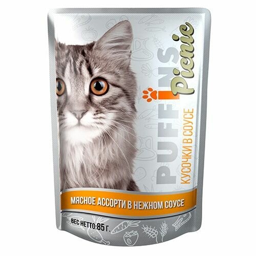 Puffins Picnic Корм консервированный для кошек Мясное ассорти в нежном соусе, 85г (26 паучей)