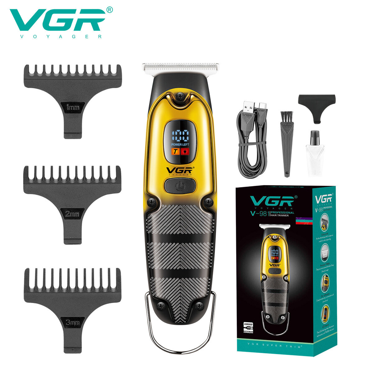 Машинка для стрижки VGR V-981, нержавеющая сталь, с расческой и защитным колпачком