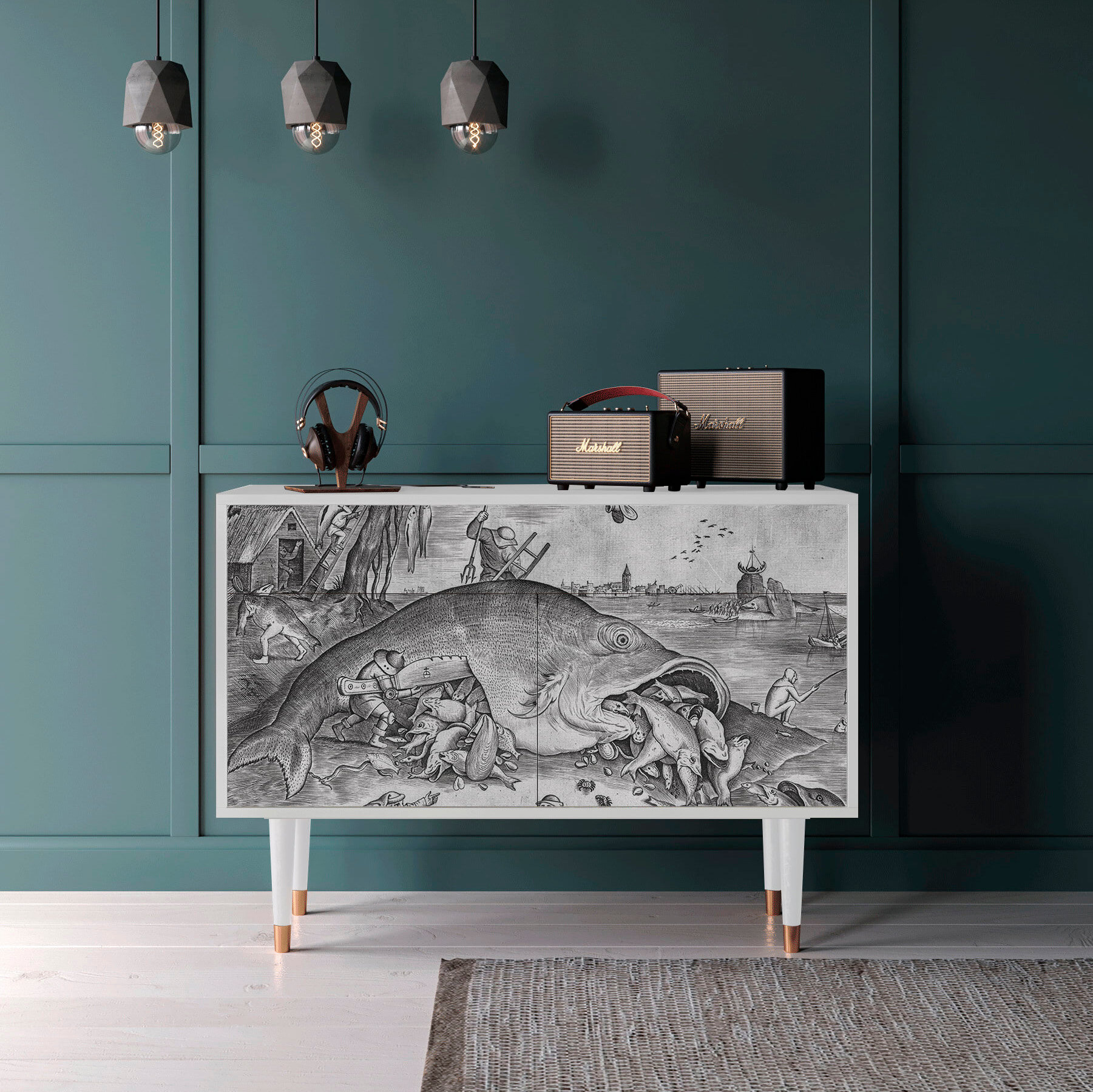 Комод - STORYZ - BS4 Big Fish Eat Little Fish by Pieter Bruegel, Размер - 115 x 85 x 48 см, Цвет корпуса - Белый