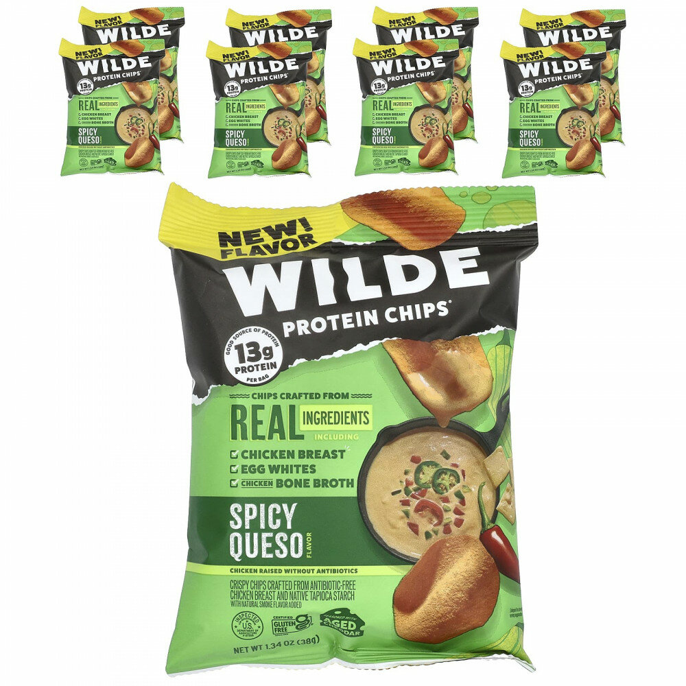 Wilde Brands, Protein Chips®, пряный кесо, 8 пакетиков по 38 г (1,34 унции)