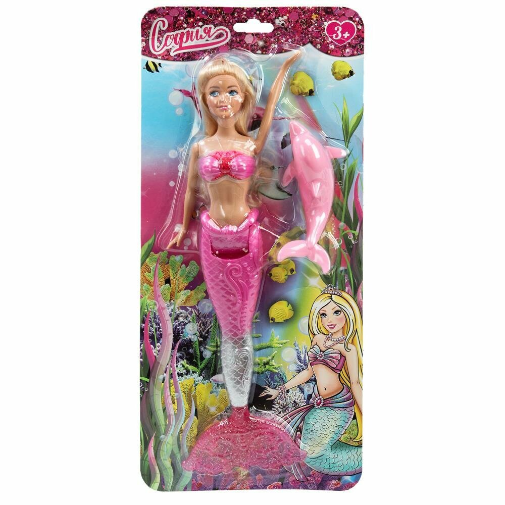 Кукла 29 см. Русалка с пластиковым хвостом, дельфин, блист Карапуз 66001BLST-M1-S-BB