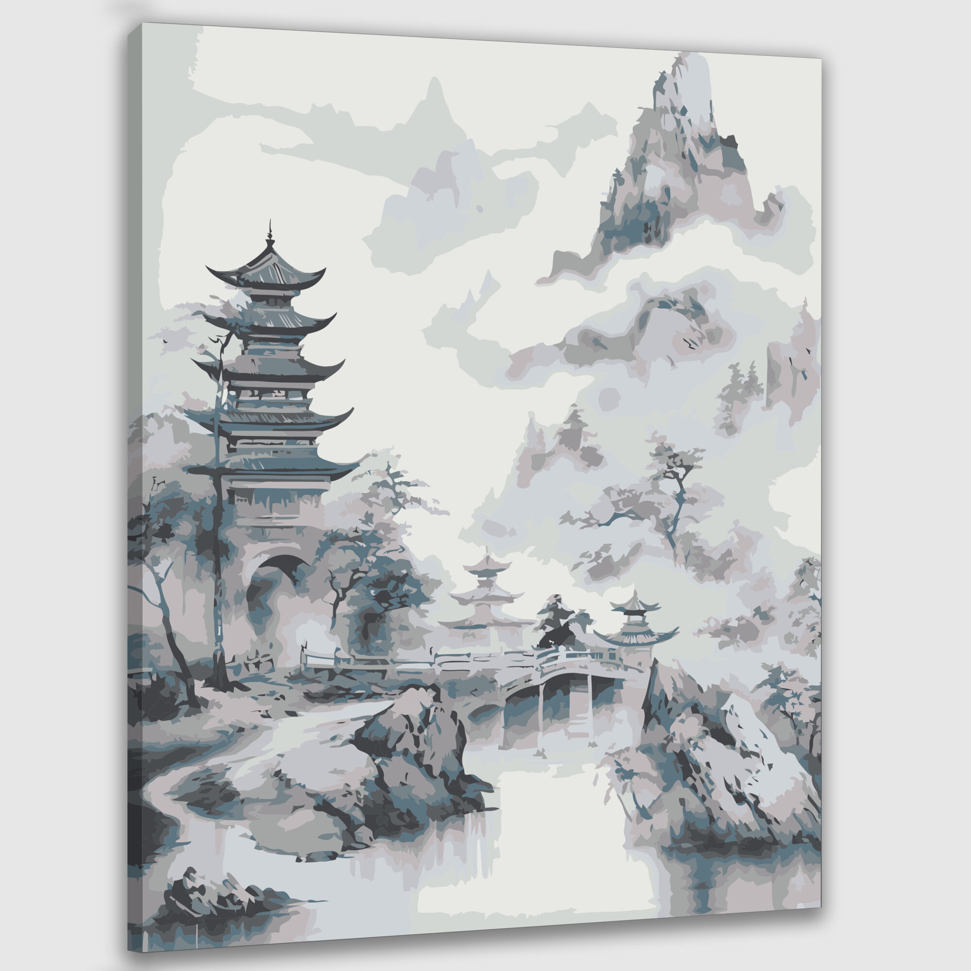 Картина по номерам 40x50 см, картина, тушь, размытие, храм, пейзаж, святыни, Genshin Impact, монохромная, кисть, тушь
