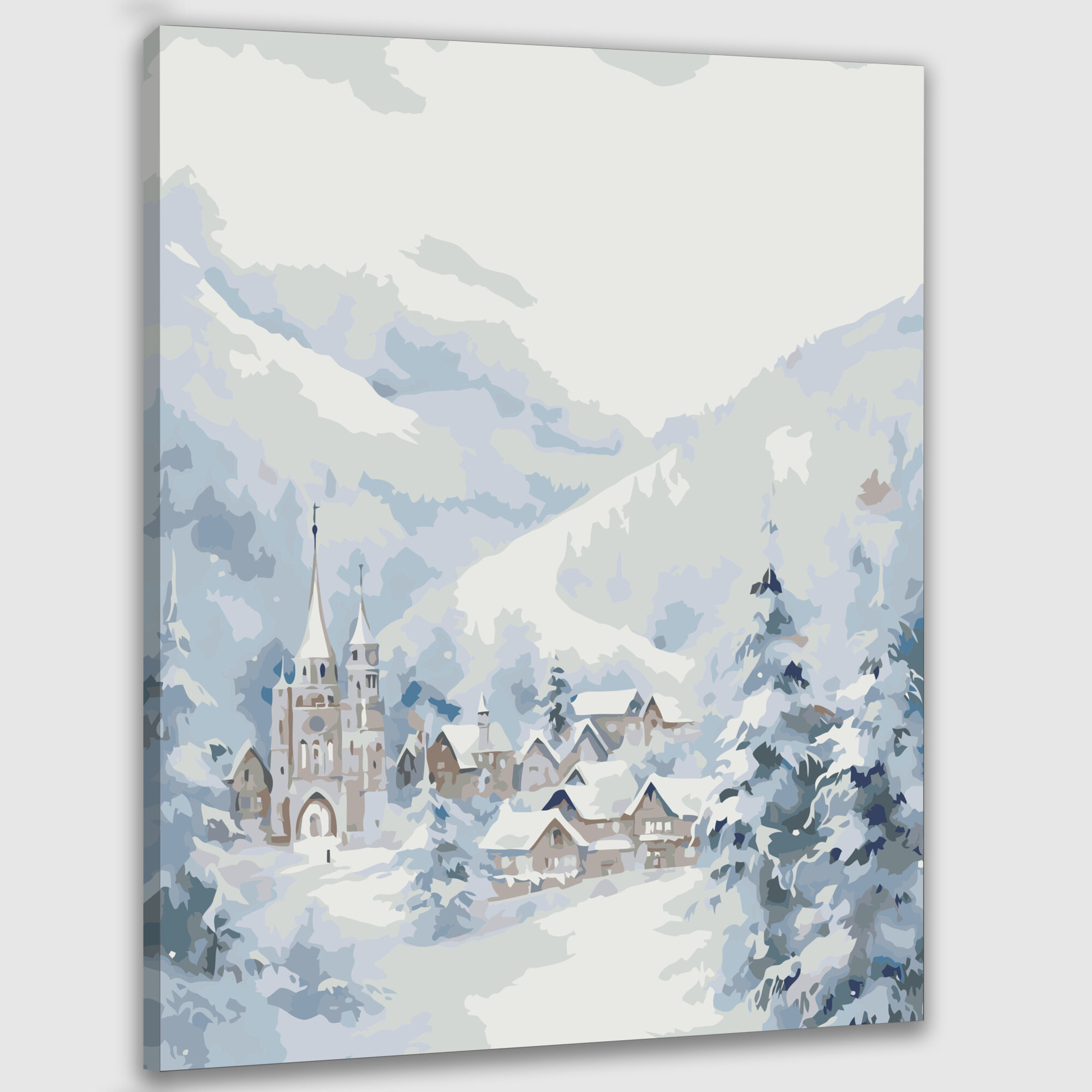 Картина по номерам 40x50 см, акварельная картина, зимний пейзаж, снег, иней, деревья, деревня, горы, цветовая палитра