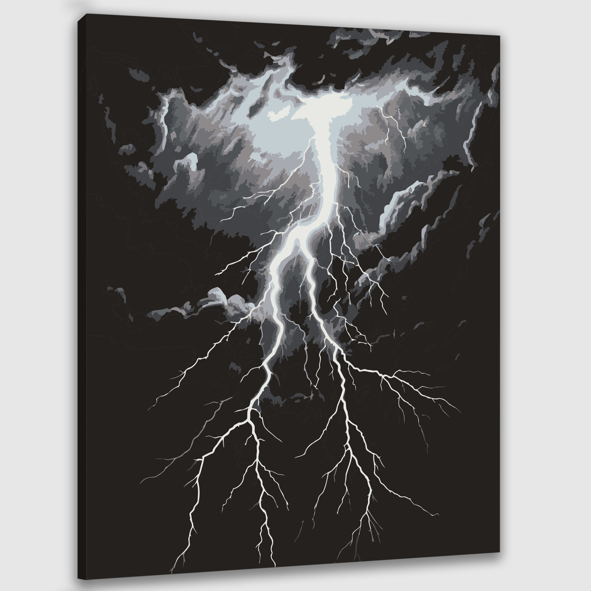 Картина по номерам 40x50 см, уголь, молния, ночное небо, контраст, детали, зазубренная, черный фон