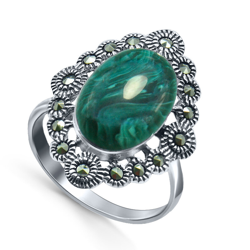 Кольцо, серебро, 925 проба, малахит, марказит