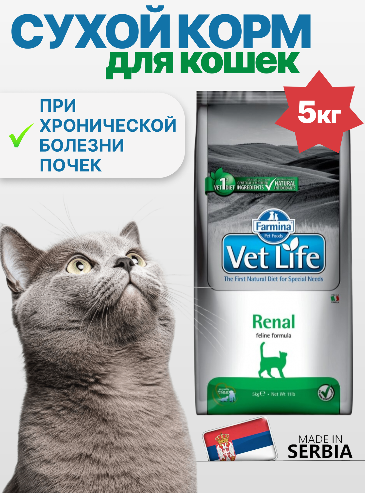 Сухой корм Farmina Vet Life Renal, для кошек с заболеваниями почек, при почечной недостаточности, диетический, курица, 5 кг