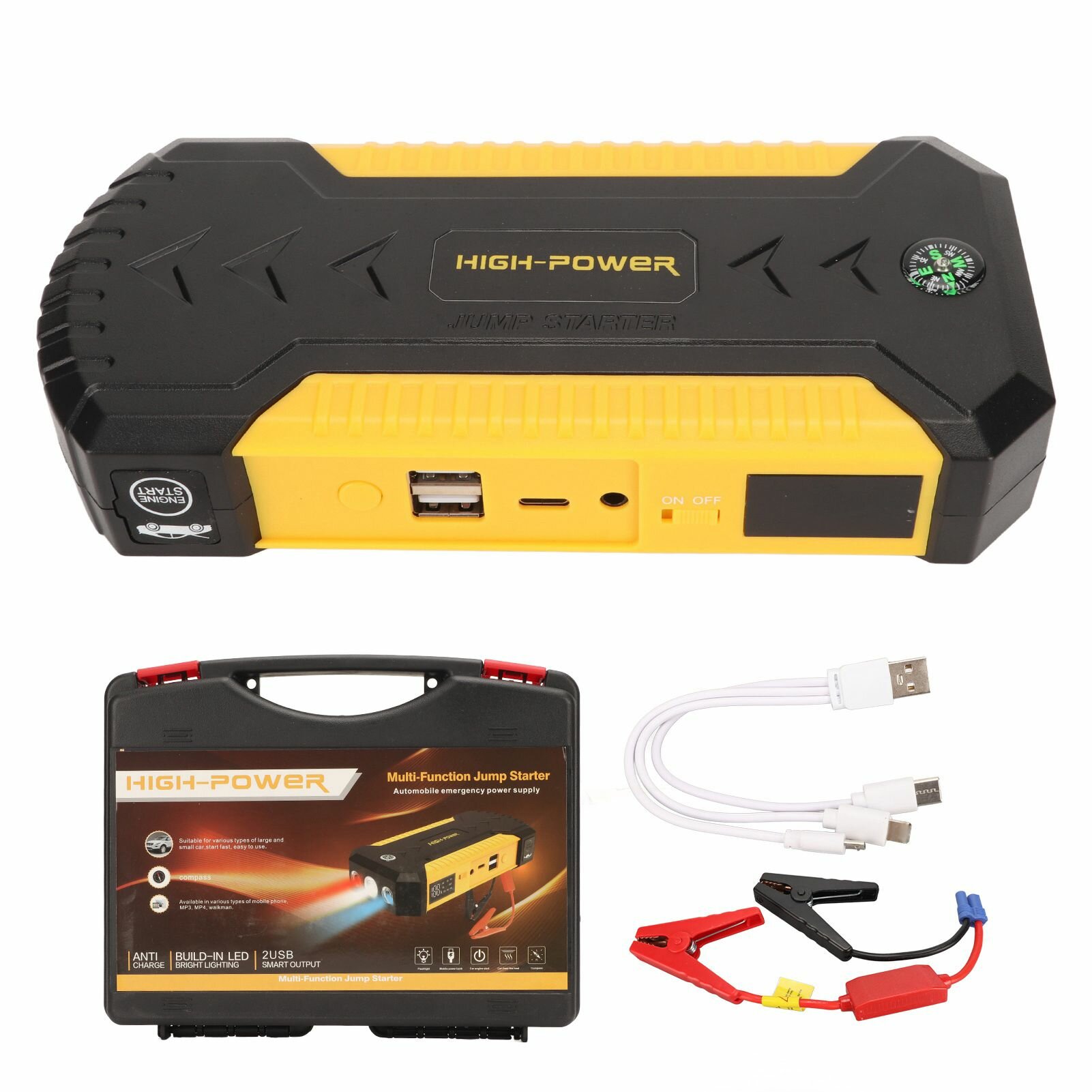 Автостартер 1000A, 12000mAh, Type-C, USB 2.0, компас, светодиоды