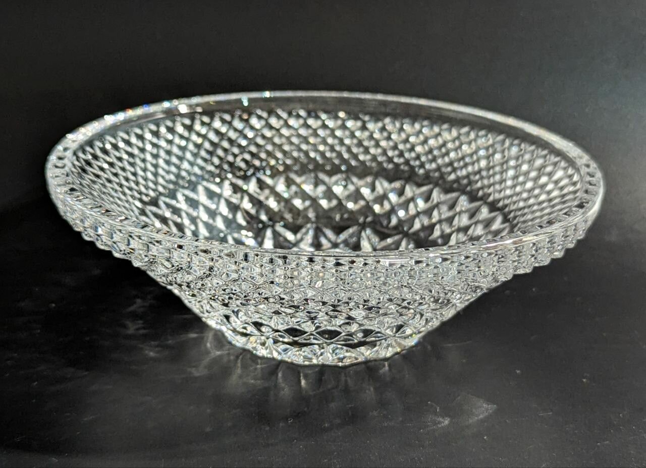 Ваза-конфетница, Хрусталь, ромбовая сетка. Алмазная нарезка, рисунок гравировка. Лзхс, автор Лаврова А. П. Винтаж СССР 1977 г.