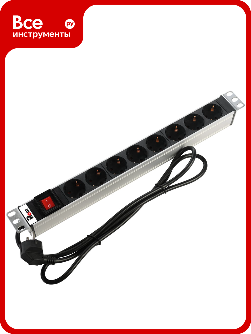 Блок розеток REM Rem-16, с выключателем, 8 Schuko, 16A, алюминий, 19, шнур