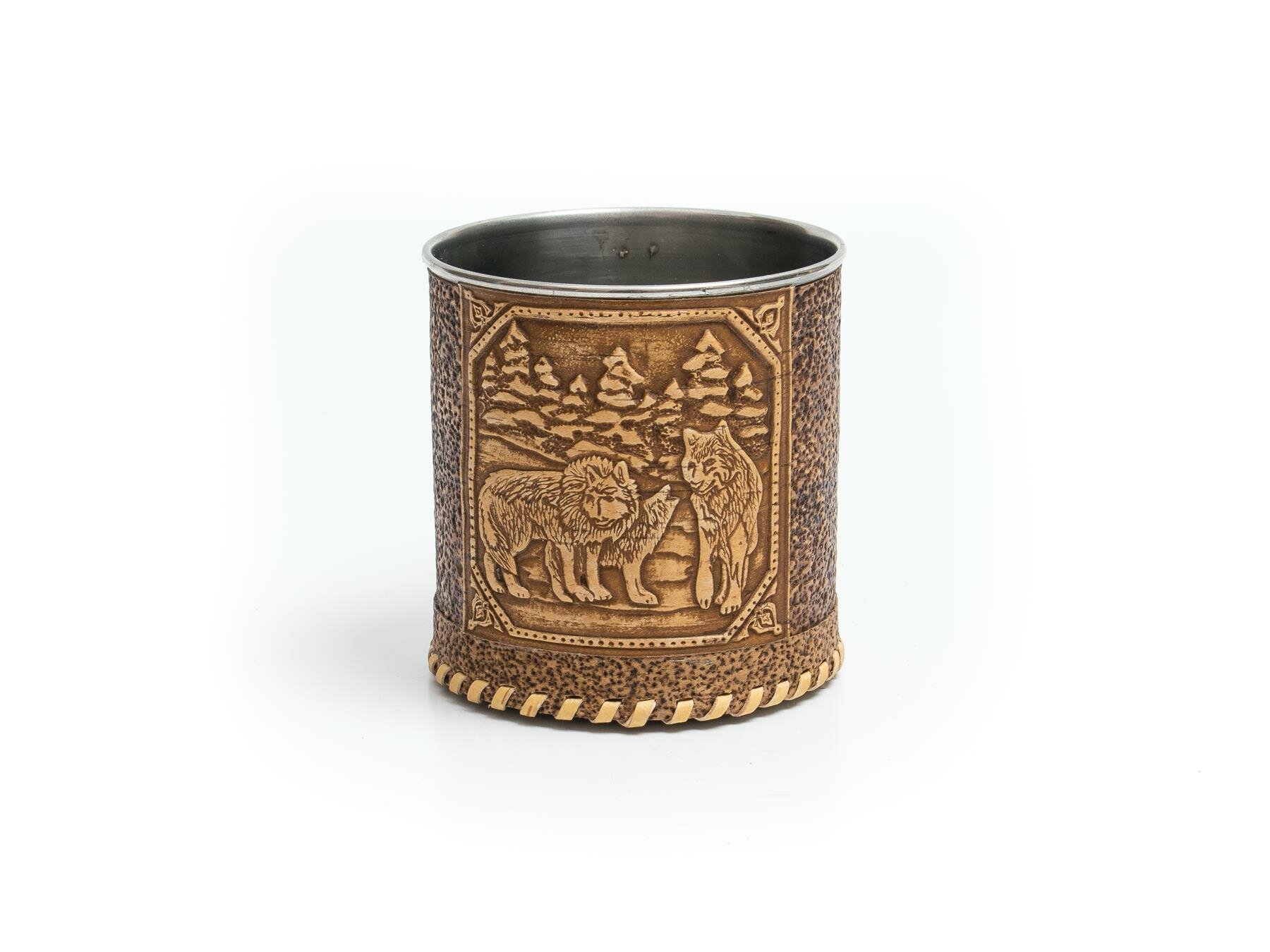 Кружка металлическая с берестой «Волки»