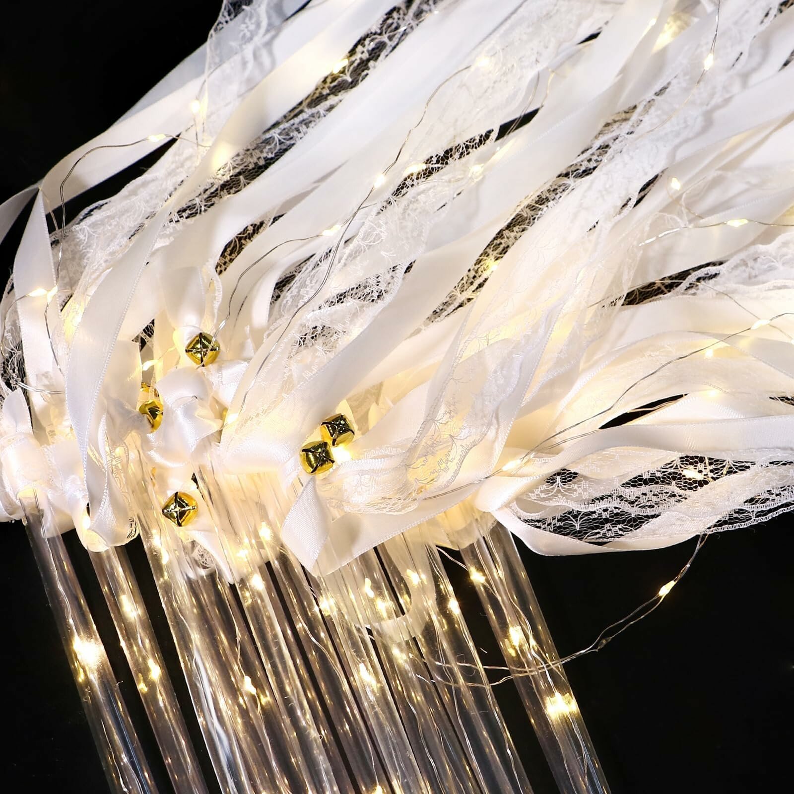48 LED колокольчики волшебные свадебные палочки, свадебные украшения ленточные палочки, вечеринка празднование светящиеся атрибуты, белая органза лента, высокая плотность атласная лента, размер Как показано, материал полиэстерная фибра, термоусадочная