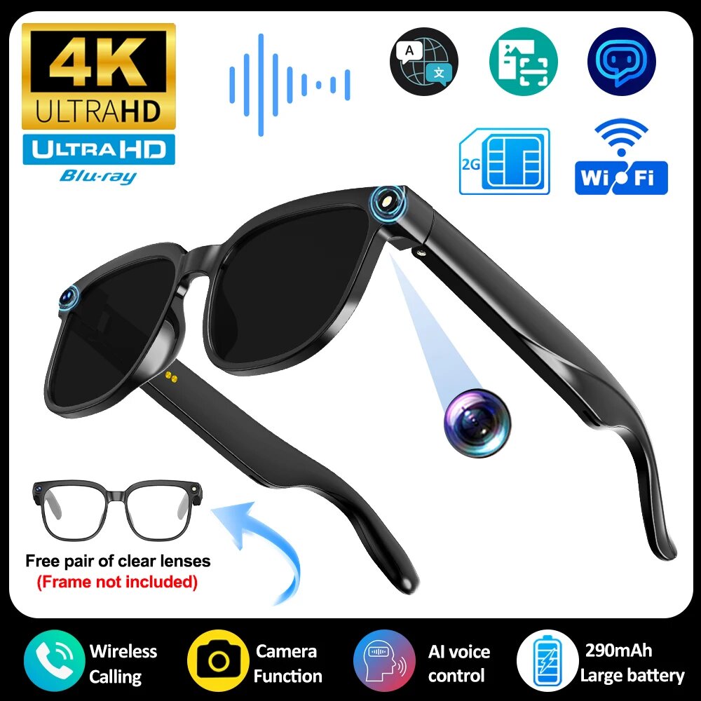 2026 AI Smart Glasses New 4K HD 800MP Camera Chat GPT Bluetooth Call Voice Assistant Control AI Translation Sunglasses Men Women