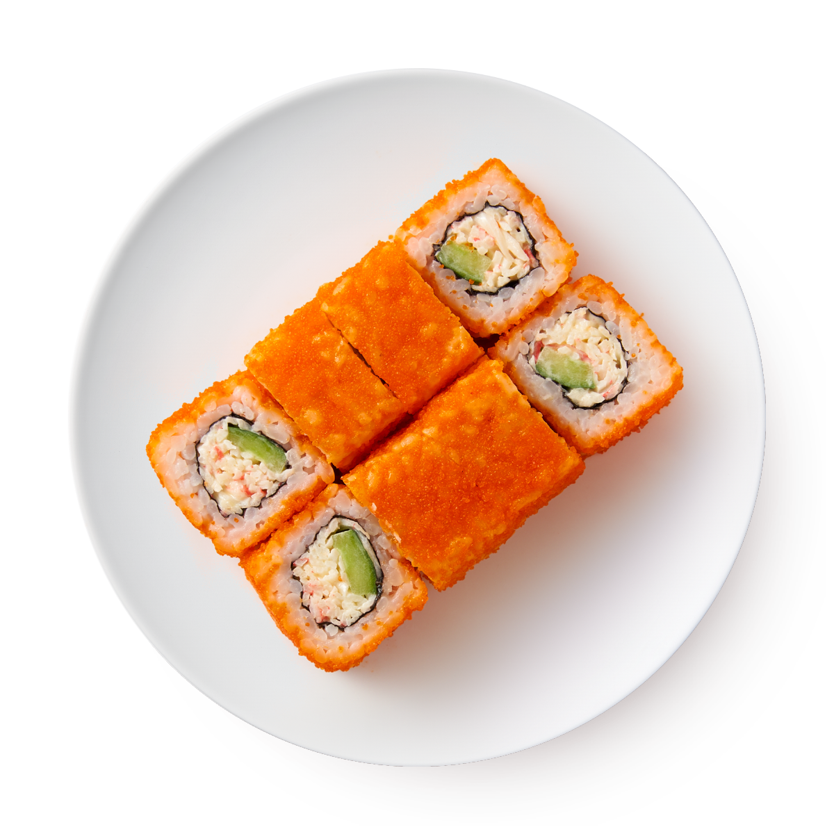 Ролл Калифорния Кулинариум, краб, рыба, огурец, листья нори, рисовая оболочка