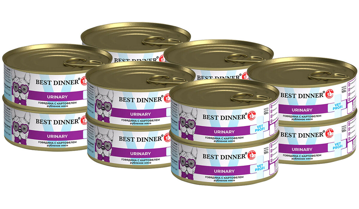 Корм влажный Best Dinner Exclusive Vet Profi Urinary для взрослых собак и щенков при мочекаменной болезни, говядина и картофель, 100 г х 12 шт