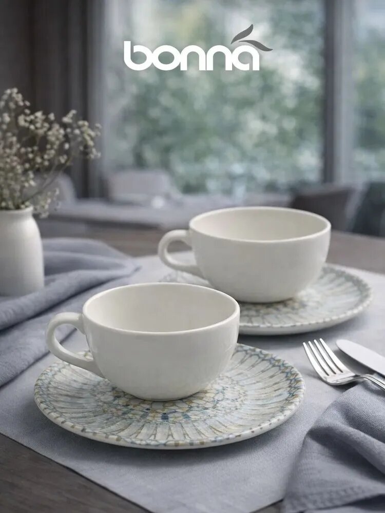 Набор чайные пары, чашки с блюдцами 2 шт, 250 мл "Мозаик" Bonna. Ударопрочный фарфор. "Mosaic" Турция