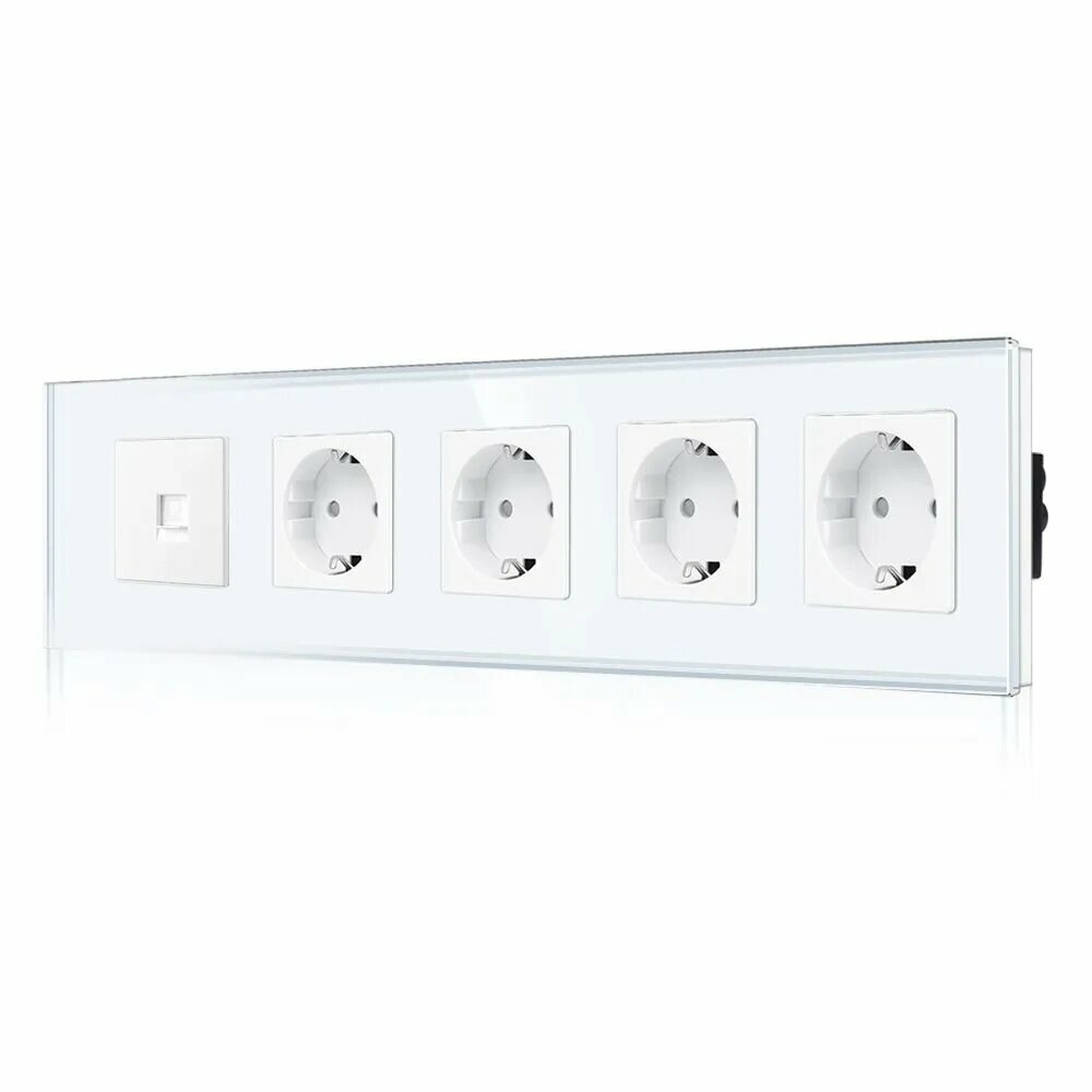 Розетка электрическая 5 поста 220В +Розетка RJ-45 CAT6 Ethernet Белый Стекло