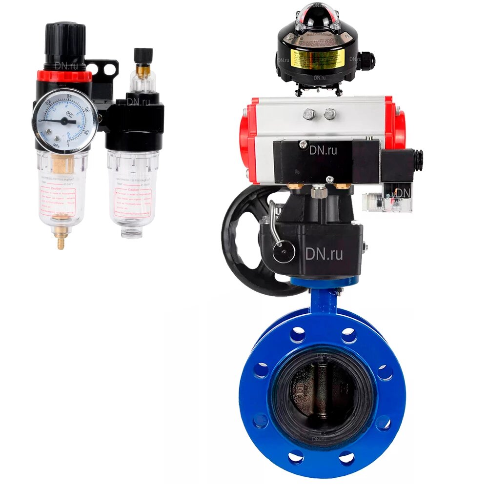 Затвор дисковый поворотный DN. ru GGG40-304-EPDM-2W-F-H Ду65 Ру16 чугун GGG40/нерж. сталь 304, EPDM, с пневмоприводом DA-105, пневмораспределителем PND2-S1EM-52-1NC-J08-24VDC, БКВ LSB-510-02ExM12-250, дублером HDM-3 и БПВ APU1-10-40-V08