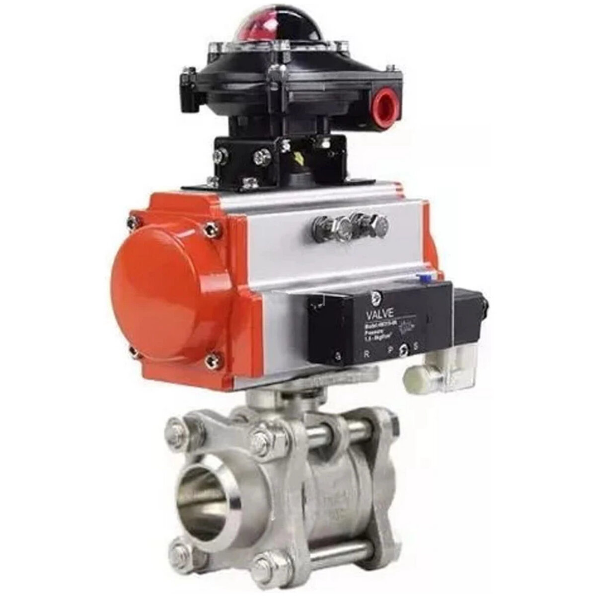 Кран шаровой DN.ru 316-316-PTFE-FP-W-ISO-H WDVF Ду20 Ру63 полнопроходной, трехсоставной, корпус - нержавеющая сталь 316, уплотнение - PTFE, под приварку, с пневмоприводом DA-052, пневмораспределителем PND2-S1EM-52-1NC-J08-24VDC, БКВ LSB-210-02NM12-220/24