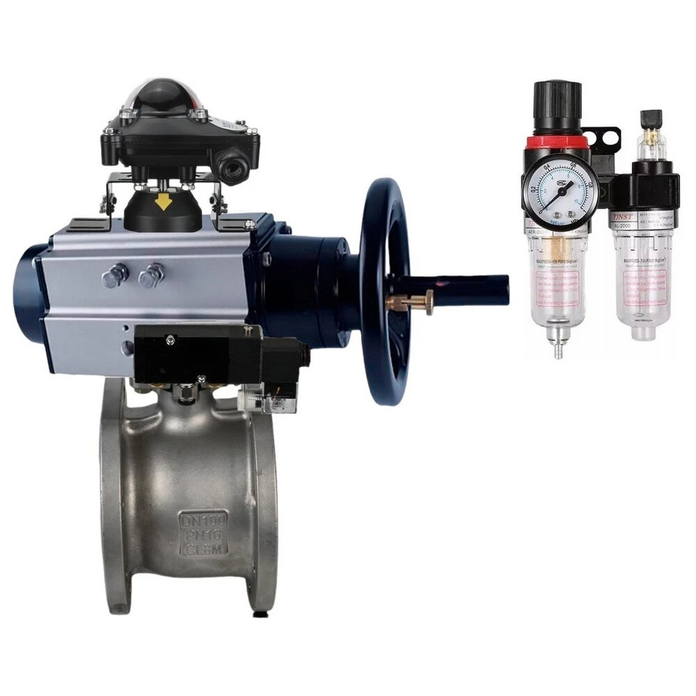 Кран шаровой DN.ru кшфпт.304.180 Ду100 Ру16 полнопроход. трехсоставной, фланц, нерж. сталь 304, PTFE, 22х22, F10, WDVF, с пн. приводом DA-105-1, пн. распред. PND2-S1EM-52-1NC-J08-220VAC, БКВ LSB-410-02ExM12-250 и БПВ APU1-10-40-V08 (опрессовано)