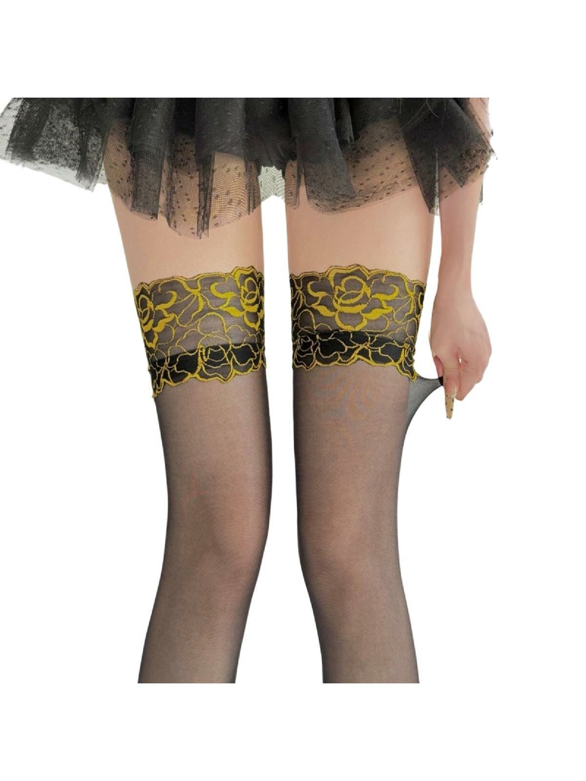 Противоскользящие шелковые чулки, черное золото - os
