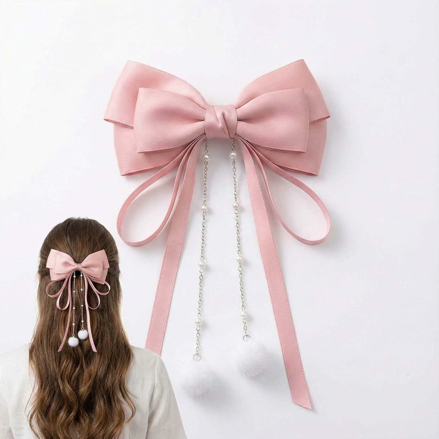 Элегантная бордовая заколка для волос с длинным бантом, цепочкой с кисточкой и пушистым помпоном – мягкая тканевая заколка, подходящая для повседневного ношения женщинами и девушками, для свадеб, вечеринок, выпускных, школы и особых образов (красный).