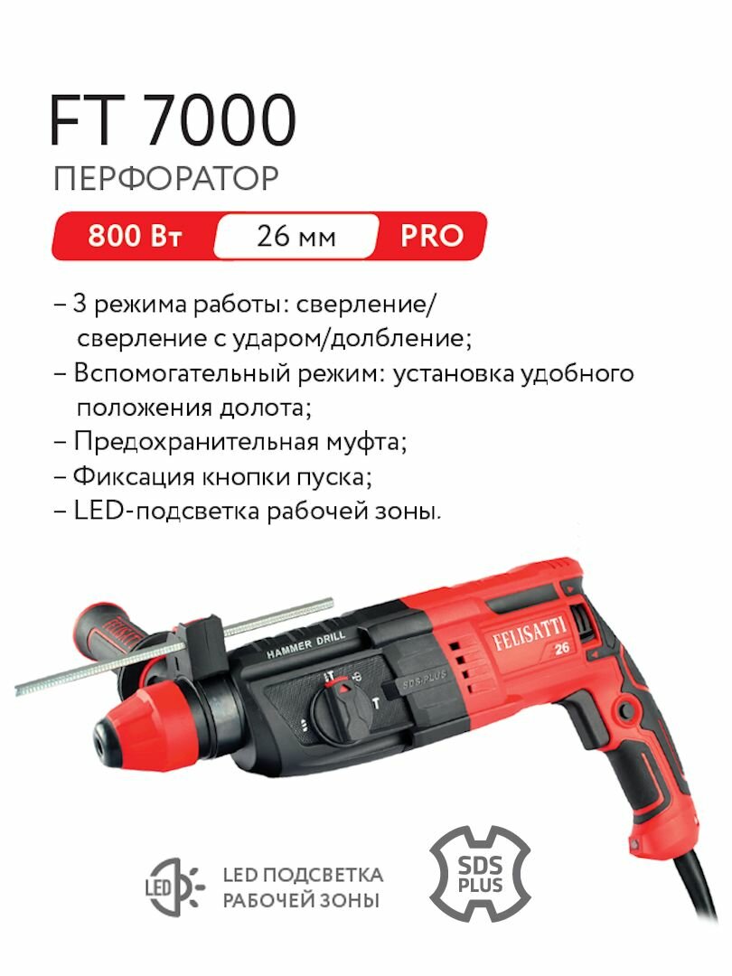 Перфоратор электрический сетевой FELISATTI П-26/800 (FT7000) 26мм, 800Вт, в кейсе