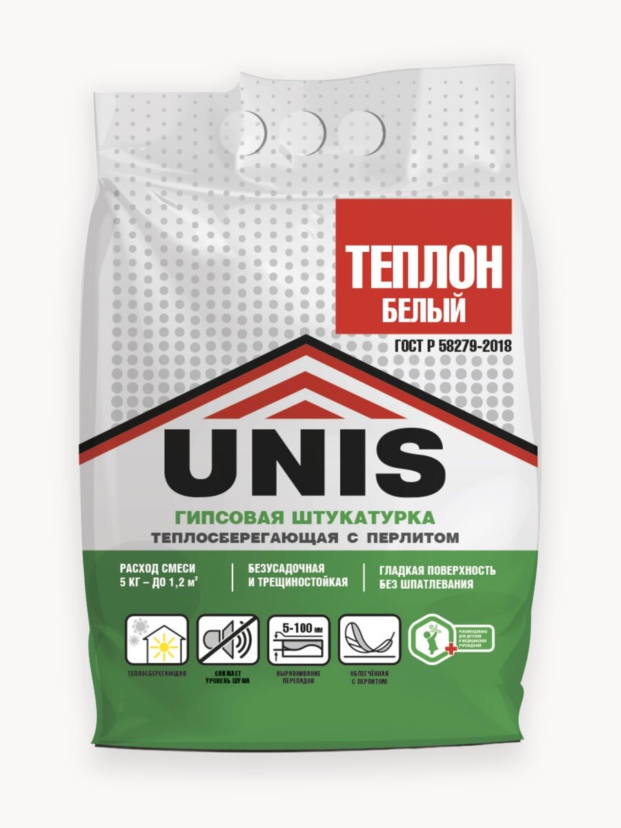 Гипсовая штукатурка UNIS теплон, для потолков и стен, 5 кг, белый