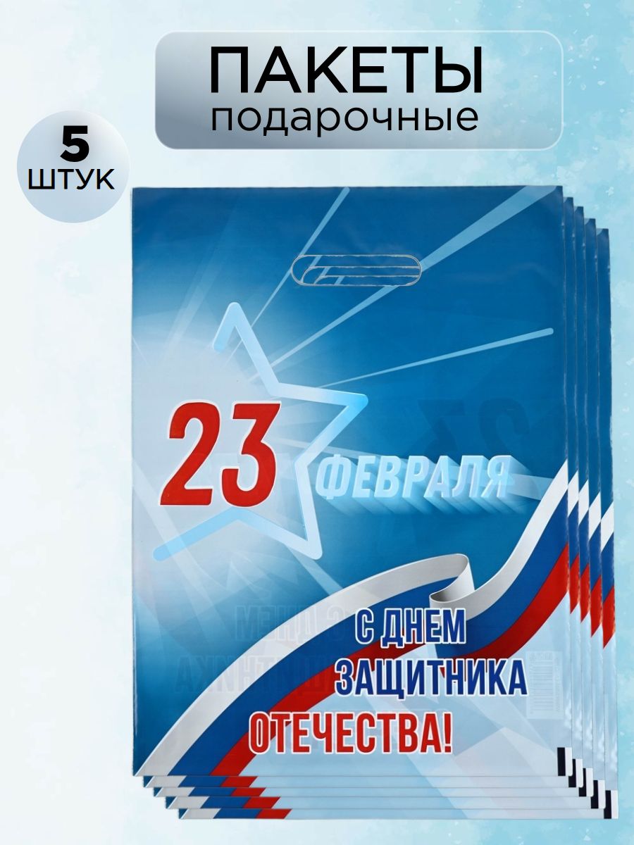 Пакет подарочный "23 февраля С Днем Защитника Отечества!" размер 30х40 см, набор 5 штук