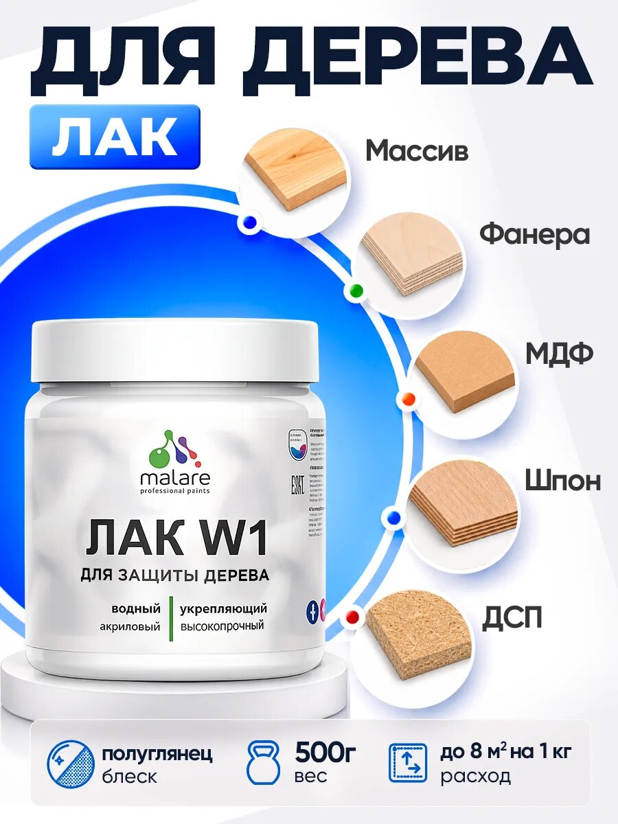 Лак водный для дерева Malare Professional для деревянных и минеральных поверхностей, моющийся без запаха быстросохнущий, бесцветный полуглянцевый, 0.5 кг.