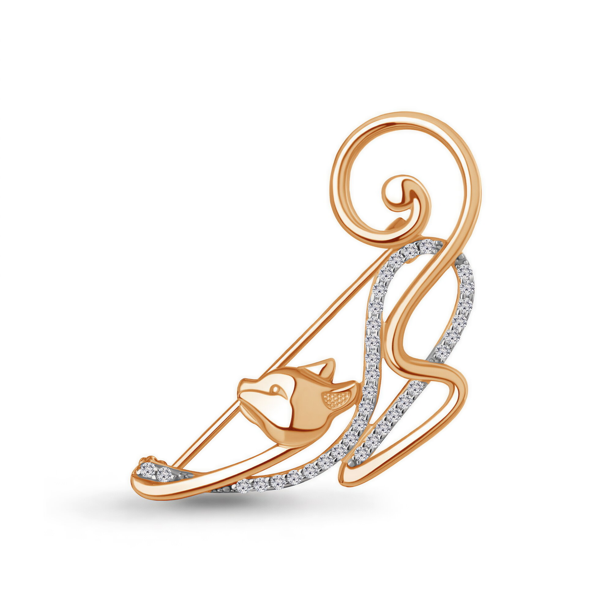 Брошь, серебро, 925 проба, золочение, фианит