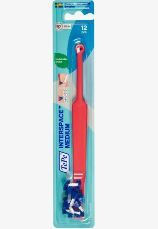 Монопучковая щетка средней жесткости TePe Interspace Medium для межзубных промежутков со съёмными головками, 12 штук, красная, Швеция