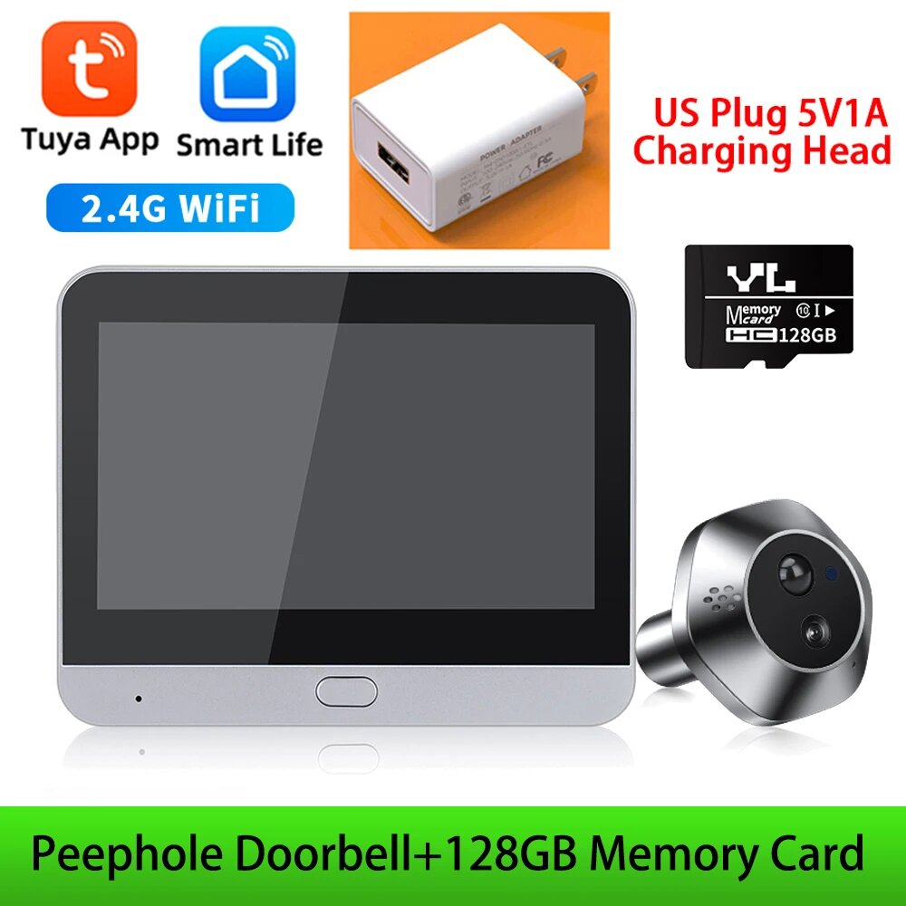 Elecpow Smart Tuya Wi-Fi дверная камера 1080P 4,3 дюйма US Charger 128GB